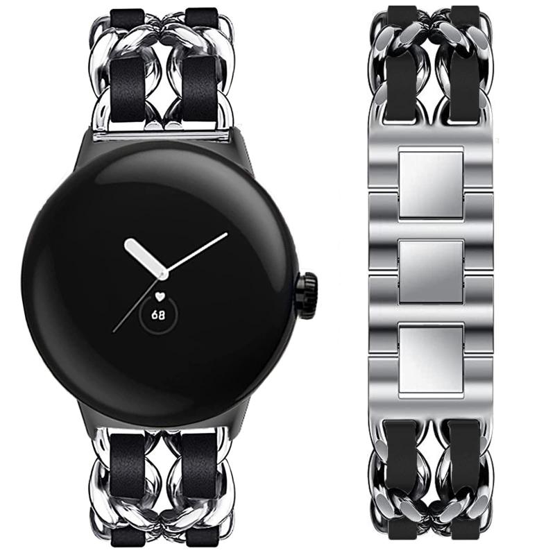 Lamsaw for Google Pixel スマートウォッチ バンド, 革プラスメタル ベルト 鎖状デザイン交換バンド 対応 Google Pixel/pixel watch 2/pixel watch 3(41mm)ウォッチ...