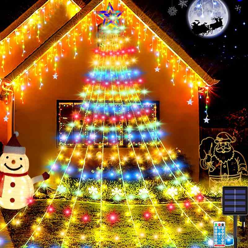 CASYROI イルミネーションライト LED クリスマスライト ソーラーライト ドレープライト クリスマス ツリー 電飾 飾りライト 装飾ライト 350球 8種点灯モード 9本*3.5M ツリー リモコン付 タイマー