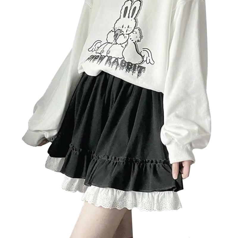 [LAVASEON] スカート ミニ レース レデイーズ 2層 可愛い 原宿 Aライン ハイウエスト JK ロリータ 制服 ファッション 白黒 プリーツスカート ゆったり ケーキスカートキュートで万能なスカート、スカートは黒と白、裾はすべて...
