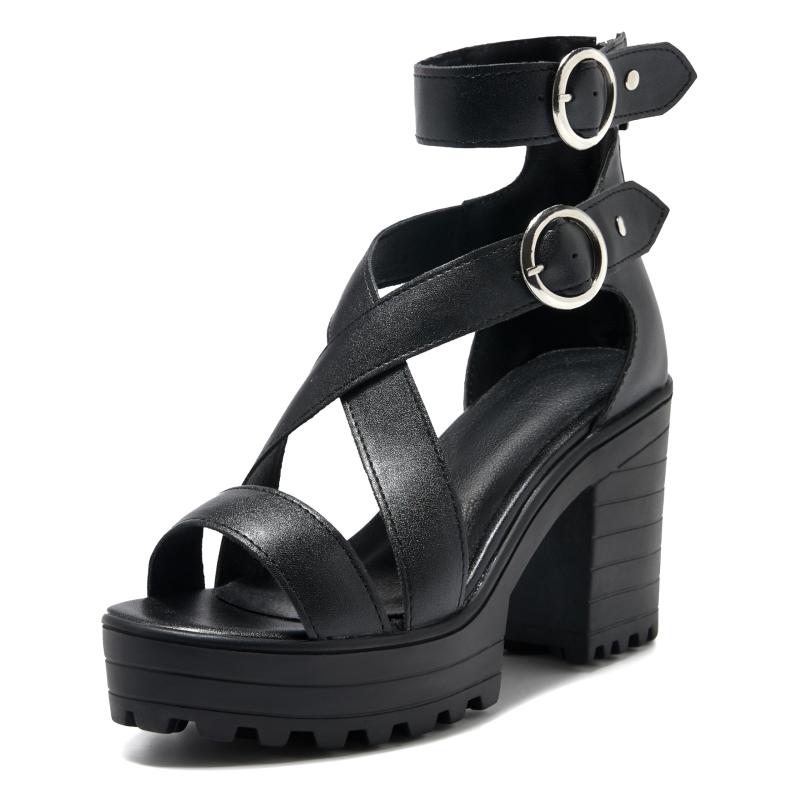 [KutuKowi] 太めヒール オープントゥ 厚底サンダル レディース 厚底 バックル付き サマーブーツ ジッパー 大きいサイズ「走れる」ハイヒール美脚オープントゥ厚底サンダル。ジッパー付きので脱ぎ履きも簡単。バックルが付きので、もっとガ...