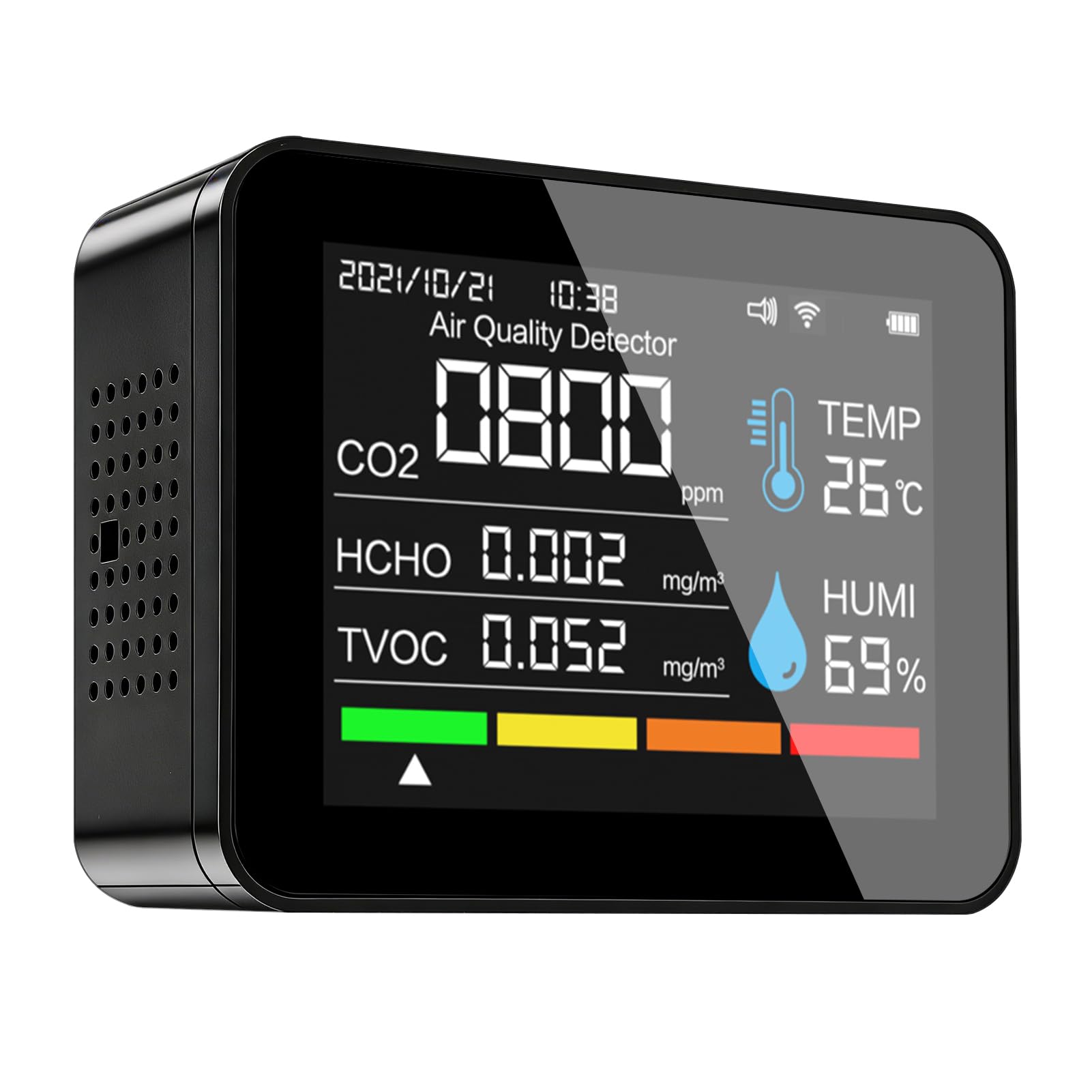 ・12 in 1 多機能モニタリング: CO2、HCHO、TVOC、PM2.5/1.0/10、温度、湿度などを同時に追跡し、Tuya Smart App 統合によりリアルタイムの空気質分析と iOS/Android デバイス経由のリモート ...