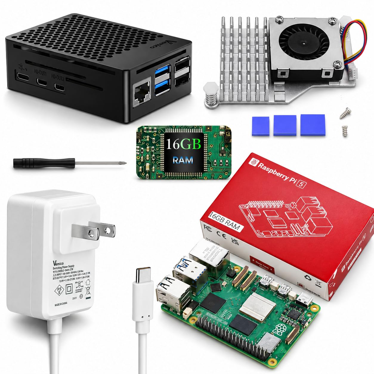 ・・【ラズベリーパイ5高性能キット】特別に設計された高性能Vemico for Raspberry Pi 5スターターキット：Raspberry Pi 5 16GB本体(技適マーク付き)、27W高出力PD電源、静音アクティブクーラー、ドライ...
