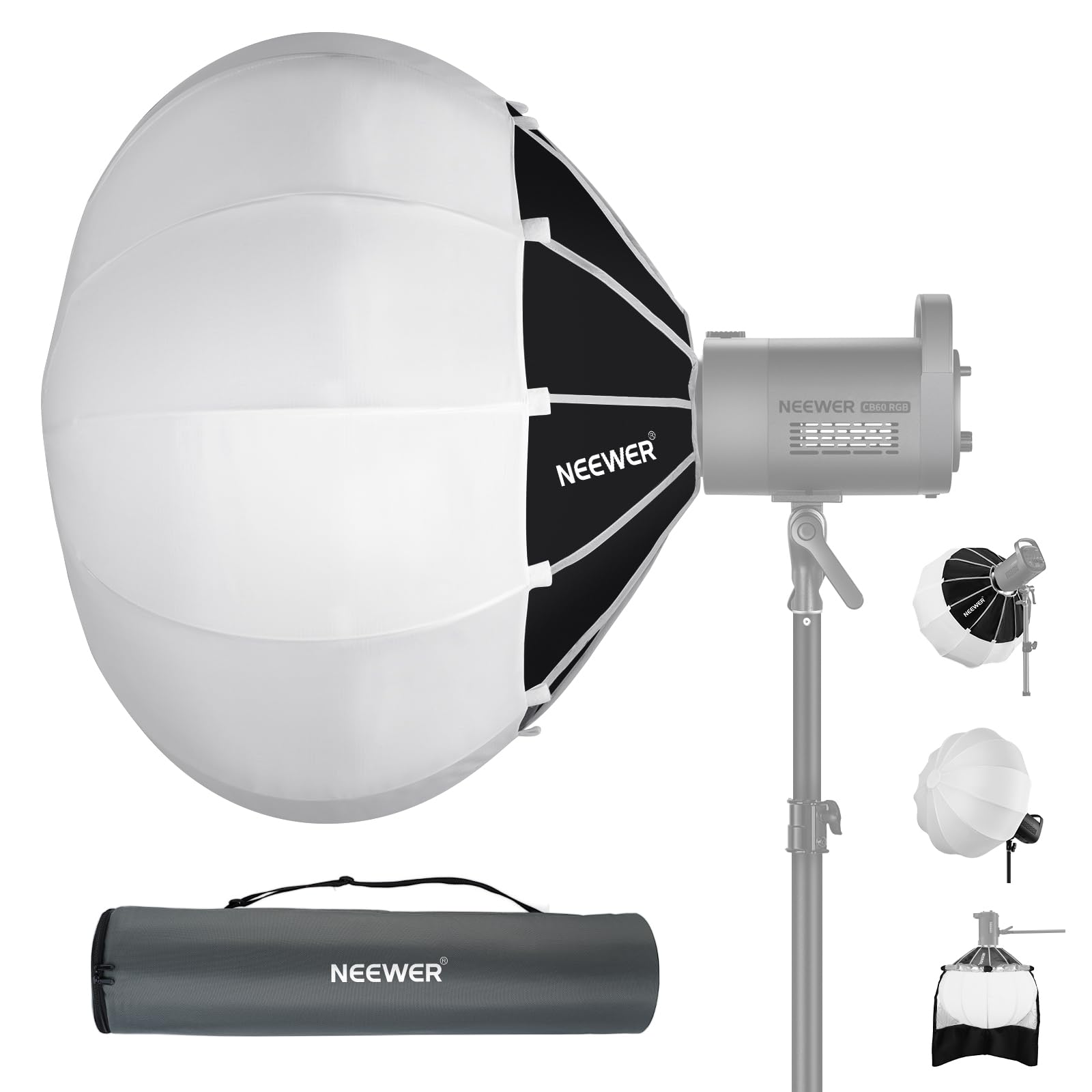 ・【360°全方位バランスライト】この26"/65cmの NEEWERランタンソフトボックスは、正方形や放物線状のソフトボックスと比較して広くて、バランスが取れており、影のない360°の光をカバーし、ビデオ録画、ライブ ストリーミング、イン...