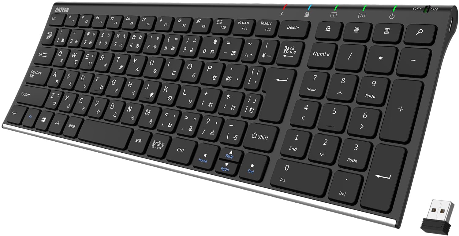・簡単接続：PCなどのUSBポートに商品付属のレシーバーを差し込むだけで使えます。・優れたデザイン：ステンレススチールの素材が頑丈な印象を与え、ロープロファイル、静穏タイプのキーで快適なタイピングが出来ます。このキーボードはテンキーが付き、...