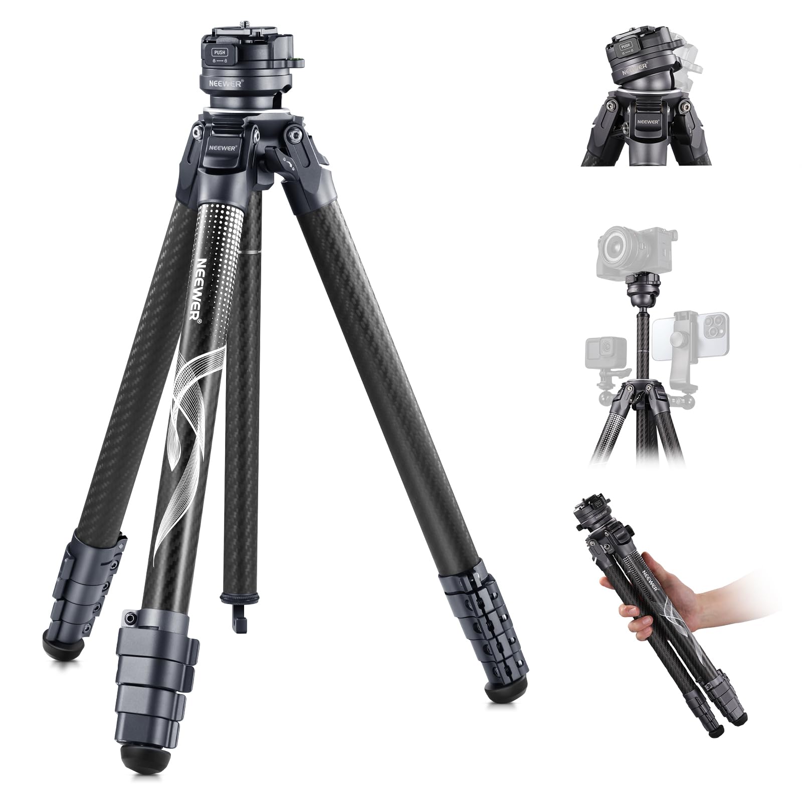 ・【100%カーボンファイバーコンパクトトラベル三脚】NEEWER LITETRIPシリーズポータブル三脚のLT32（旧TP62）は軽量(1.18kg)のカーボンファイバーカメラ三脚で、1"/26mmのチューブにより高い安定性を実現し、耐荷...
