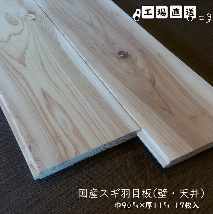 商品説明サイズ 長さ1980ミリ×厚み10ミリ×幅90ミリ　材質　形状国産スギ羽目板　 天井・壁用に！　節あり　※埋節あり　本物の木で埋めています！　　加工形状は3パターンからお選び下さい！数量17枚入り／1個※横に並べて1.53メートル貼...