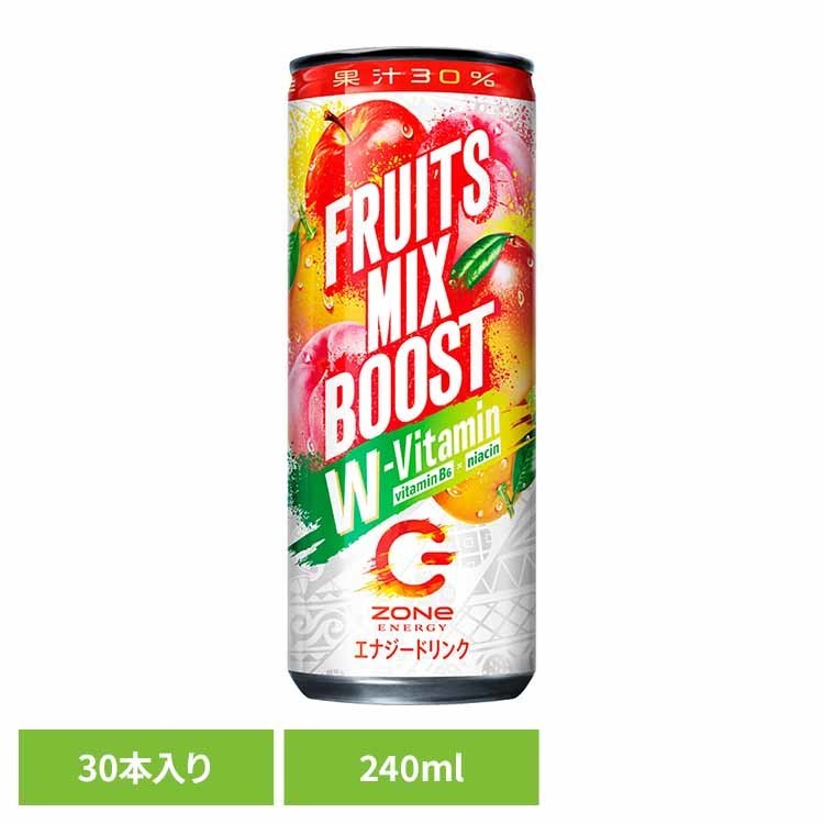 果実由来のパワーでZONe状態に導く無敵の果汁エナジードリンク●内容量240ml×30本●原材料果実（オレンジ、りんご、もも、マンゴー）、砂糖／炭酸、酸味料、香料●成分1本240mlあたり：エネルギー 142kcal・たんぱく質 0.2g・...