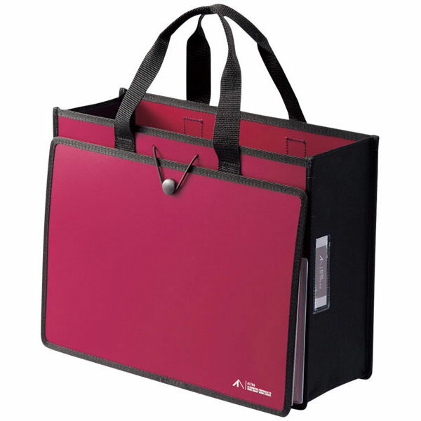 ●レッド●1個●クリヤーホルダーや書類収納に便利なジャバラポケット（1仕切）付き。●バッグの両サイドにはそれぞれ、ボトルが入るメッシュポケットとタイトル記入ができる見出し付き。●底板を抜き取るとスリムに持ち運びできます。●底板を入れるとしっ...