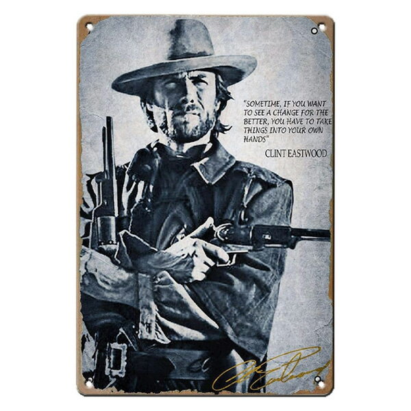 【商品詳細】 メタルサイン アウトロー クリント・イーストウッド 縦30cm×横20cm 映画「アウトロー」の2つの銃を構えるジョージー・ウェールズ(クリント・イーストウッド)のブリキ看板です。 モノクロなので部屋の雰囲気を邪魔せずに飾るこ...