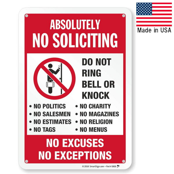 【商品詳細】 セールスお断りのメタル看板です。 "セールスお断り" "ベルを鳴らしたり、ノックしないで"と書かれています。セールスマンやチャリティー、宗教、政治等のお断りにどうぞ！反射材を使用しているので、夜間でもしっかりと目に留まります。...