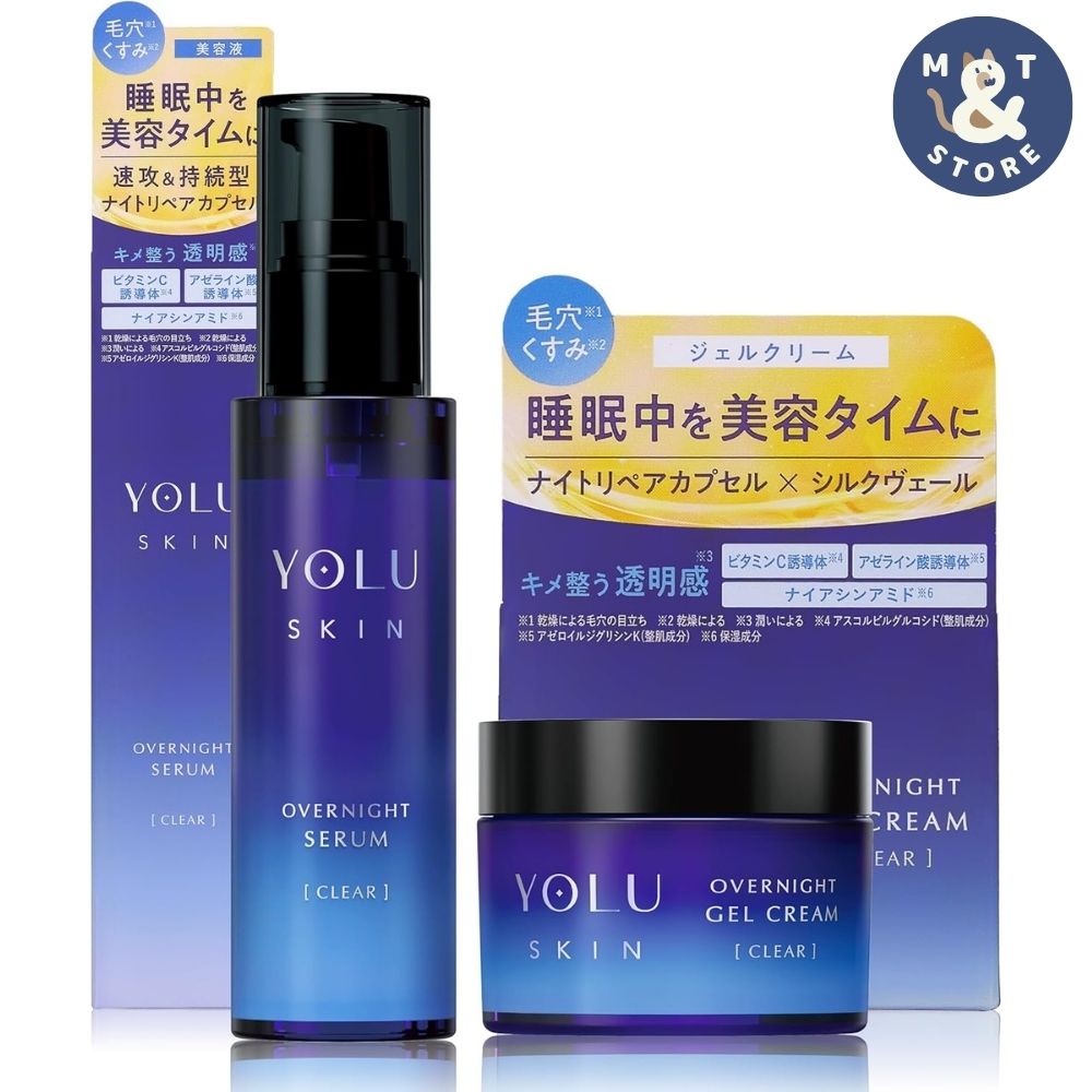 YOLU ヨル スキン オーバーナイト セラム＆ジェルクリーム クリア セット 毛穴や乾燥によるくすみ、ざらつき、水分・油分バランスが気になる肌におすすめの夜用スキンケアセットです。オーバーナイトセラムが角質層までうるおいを届け、オーバーナ...