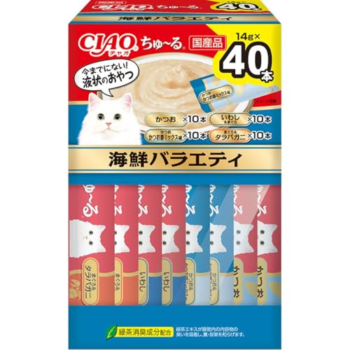 -/14g×40本/-・CIAOちゅ〜る箱タイプに新しいバラエティパックが仲間入り。商品紹介 今までにない！液状のおやつ。4種類の味が楽しめるバラエティパック。一度与えたらやみつきになる美味しさです。 原材料・成分 たんぱく質7.0％以上　...