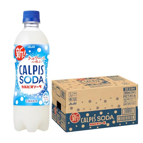 パッケージ個数:24・商品名：CALPIS SODA（カルピスソーダ）・内容量：500ml・容器の素材：ペットボトル・栄養成分表示：砂糖類（果糖ぶどう糖液糖、砂糖）、脱脂粉乳、乳酸菌飲料／炭酸、香料、酸味料、安定剤（大豆多糖類）、甘味料（ア...