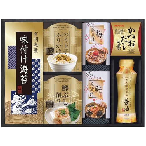 有明海産味付け海苔(3切4枚)・のり玉子ふりかけ(4.5g×2)・鰹ぶし削り(2g×2)・梅茶漬け(4.3g×2)・鮭茶漬け(4.7g×2)・マルトモ鰹だしの素(4g×4)・伊賀越天然醸造しょうゆ200ml×各1商品紹介 食卓を彩る和の詰合...