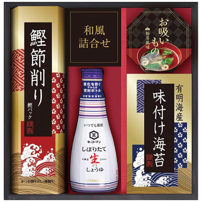 内容:鰹節削り(2g×3袋)・永谷園お吸いもの松茸風味(2.3g×2袋)・有明海産味付け海苔(8切4枚2袋)各1個・キッコーマンしぼりたて生しょうゆ200ml×1本・製造・生産地:日本製・賞味期間:製造日より常温約510日・アレルゲン:小麦...