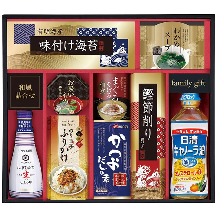 内容:有明海産味付け海苔(3切4枚)・わかめスープ(5.3g×2袋)・永谷園お吸いもの松茸風味(2.3g×2袋)・のり玉子ふりかけ(4.5g×2袋)・まぐろそぼろ佃煮(5g×2袋)・マルトモかつおだしの素(4g×6袋)・鰹節削り(2g×3袋...