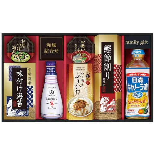 内容:永谷園お茶づけ海苔(4.7g×2袋)・永谷園お吸いもの松茸風味(2.3g×2袋)・有明海産味付け海苔(8切4枚2袋)・のり玉子ふりかけ(4.5g×2袋)・鰹節削り(2g×3袋)各1個・キッコーマンしぼりたて生しょうゆ200ml・日清キ...