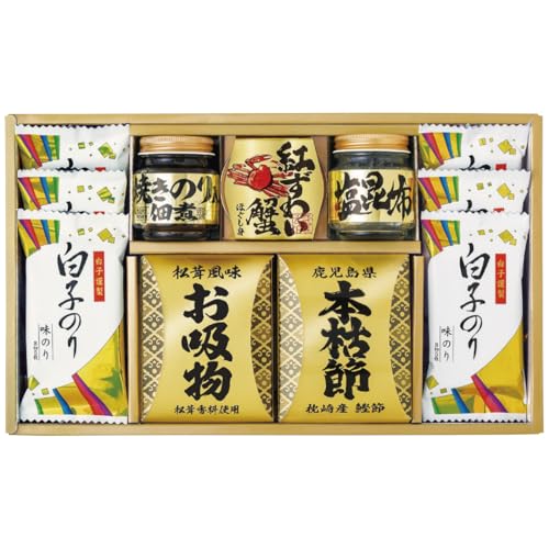 内容:鰹本枯れ節(2.5g×2袋)・松茸風味お吸い物(2.3g×3袋)各1箱・焼きのり佃煮85g・塩昆布18g各1瓶・白子のり味のり(8切5枚)6袋・紅ずわいがにほぐし身55g×1缶・製造・生産地:日本製・賞味期限:製造日より常温約540日...