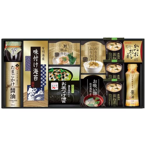内容:有明海産味付け海苔(3切4枚)・鰹ぶし削り(2g×2袋)・永谷園お茶づけ海苔(6.3g×3袋)・のり玉子ふりかけ(4.5g×2袋)・マルトモかつおだしの素(4g×4袋)・永谷園お吸いもの松茸風味(2.3g×4袋)各1個・マルコメ京懐石...