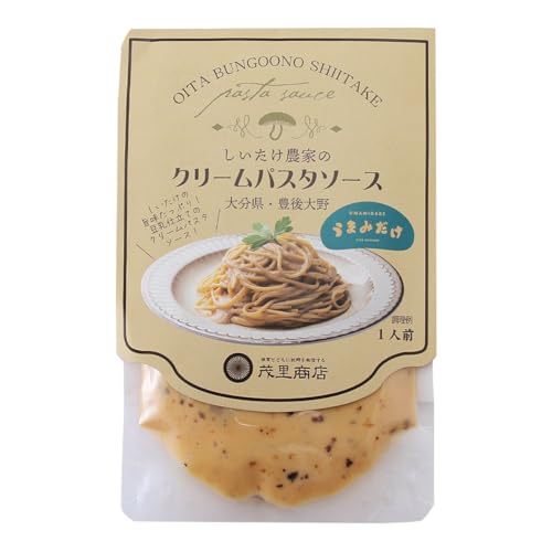 大分県の乾しいたけブランド「うまみだけ」のクリームパスタソースです！・原材料:豆乳、クリームチーズ、たんぱく加水分解物、砂糖混合異性化液糖、みそ、食塩、乾しいたけ、昆布エキス、鶏だし、ブラックペッパー、酵母エキス/増粘剤(キサタンガム)、(...