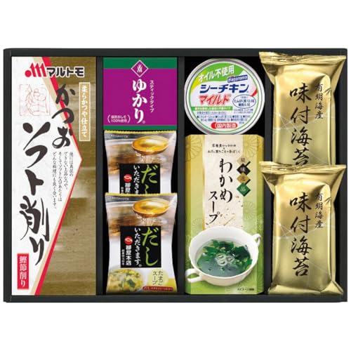 内容:マルトモかつおソフト削り(2g×4袋)・三島食品ゆかりスティックタイプ(1.7g×4袋)・わかめスープ(5.3g×2袋)各1個・たまごスープ5.4g・有明海産味付海苔(8切4枚)各2袋・はごろもフーズオイル不使用シーチキンマイルド70...