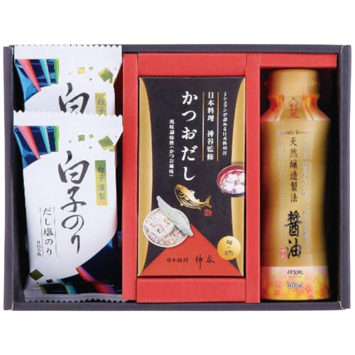 内容:白子だし塩のり(8切5枚)2袋・かつおだし(4g×8袋)1箱・伊賀越天然醸造醤油200ml×1本・製造・生産地:日本製・賞味期限:製造日より常温約360日・アレルゲン:乳成分・小麦・大豆商品紹介 ミシュランが認める日本料理店「神谷」監...