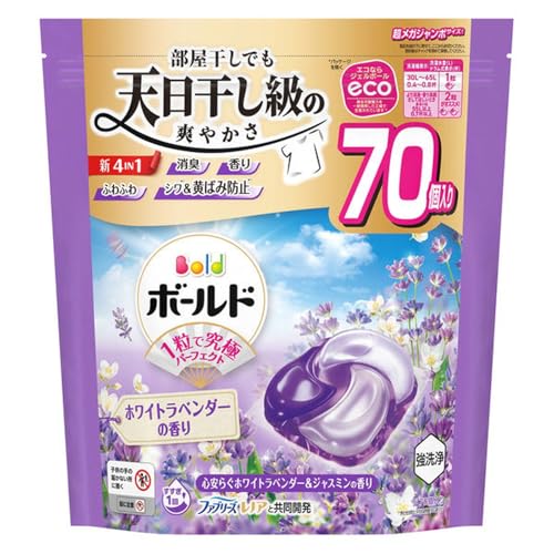 パープル/-/-・パッケージ個数:1・内容量：70個商品紹介 P&G ボールドジェルボール 4D 心安らぐホワイトラベンダー&ジャスミンの香り つめかえ 詰め替え 詰替 超メガジャンボサイズ 70個入 原材料・成分 メーカー記載通り