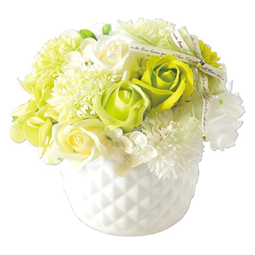 ポピー名古屋 ソープフラワー シャボンフラワー 造花 ギフト プレゼント ブーケポット バラ 陶器 約17cm クリアケース付き SBL-100 グリーン 【ソープフラワーの特徴】花びら1枚1枚が石けん素材で作られた観賞用のお花です。プリザ...