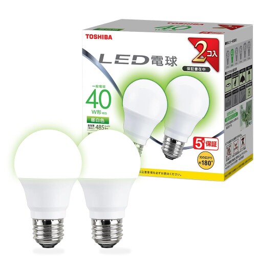 TOSHIBA(東芝) LED電球 E26 A形 40W相当 広配光 昼白色 2P 密閉器具対応 LDA4N-G/K40V1RP 外径:55mm×全長:98mm 全光束:485lm 平均演色評価数:83Ra 定格寿命:40,000 h 密閉...