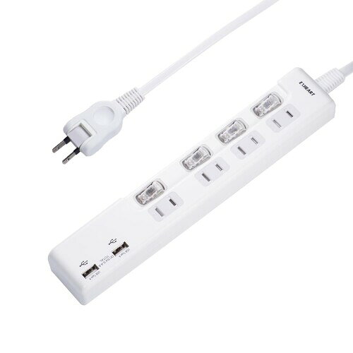 EXHEART USBポート付スイッチタップ 3m (AC ×4 / USB ×2) 急速充電 延長コード (高出力 / 最大3.4A) コンセント 白 電源タップ スイッチ (可動式プラグ/ホコリ防止シャッター) 【素早く充電!高出力US...
