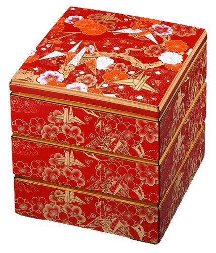 J-kitchens 重箱 日本製 3段 6.5寸 彩校倉 重朱折鶴 19.4cm x 19.4cm x 19.2cm 外径サイズ:約 19.4cm x 19.4cm x 19.2cm 1段内径サイズ:約 189mm x 189mm x H...