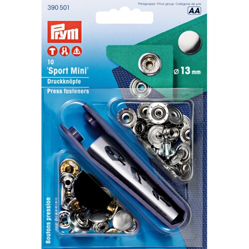 プリム(Prym) スナップボタン Sport Mini キット付 [ファイ]13mm 10組入 ニッケル 390501 「スポーツミニ」はスポーツウェア用などに向いたスナップボタン サイズ:[ファイ]13mm 内容:10組入、取り付け用キ...