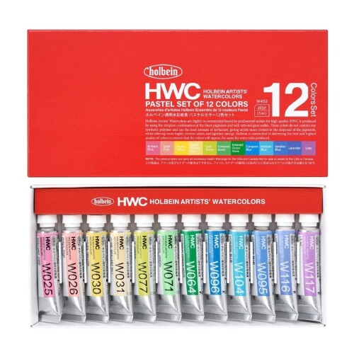 ホルベイン 透明水彩絵具 W452 5ml パステルカラー12色セット 03452 【素材】顔料、アラビアゴム 容量:5ml 原産国:日本 パステルカラー ホルベイン透明水彩絵具は透明感があり発色のよい専門家用透明水彩絵具。 顔料とアラビア...