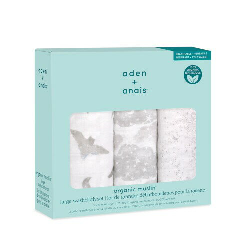 aden + anais(エイデンアンドアネイ) ウォッシュクロス 3枚セット map the stars 30x30cm オーガニックコットン ループ付きタオル ガーゼハンカチ 沐浴 お口拭き 赤ちゃん 出産祝い ベビーギフトWCADAB...