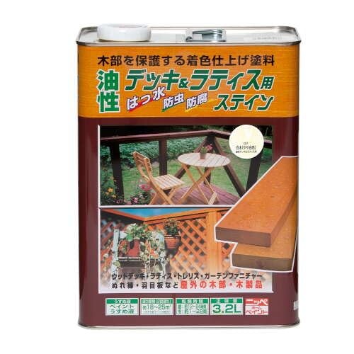 ニッペ ペンキ 塗料 油性デッキ&ラティス用 3.2L 白木（やや白色） 油性 屋外 ステイン 日本製 4976124525780 【特長】木材の防虫・防腐・防かび効果に優れ、強力はっ水効果により木材を長期間保護します。 木材に深く浸透して...
