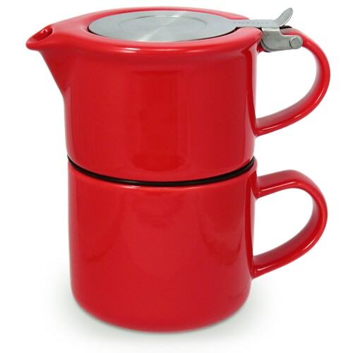 フォーライフ マグカップ & ティーポット 陶器 414ml 2杯用 茶こし付き 食洗機対応 蓋が落ちない 片手で注げる レッド 赤 ティーフォーワン 347Red 商品サイズ:約14.6×10.1×14.6cm 商品重量:0.793kg ...