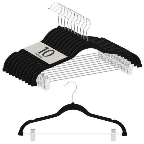 チチロバ(Titiroba) (TITIROBA) ハンガー すべらない かたくずれ防止 クリップ スリム 軽量 ベルベット製 10本組 ブラック 23AB164 【強力クリップで重たい衣類も落ちない】クリップ部はチチロバの特殊コーティング...