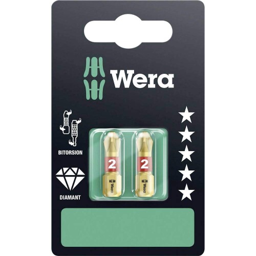WERA ヴェラ 2本入 ダイヤモンドコーティング プラスネジ用 ドライバービット 差込6.35mm 刃先サイズPH2 全長25mm 073335 入数:2本 、先端サイズ(PH):2 、全長(mm):25 ビット先端に微細なダイヤモンド粒...