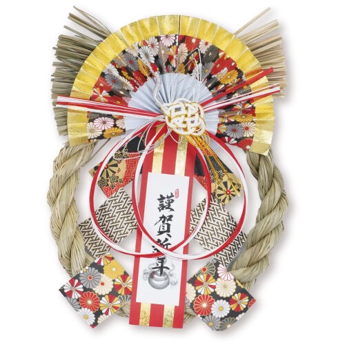ポピー名古屋 正月飾り 大きめ しめ縄 リース 玄関 飾り 扇 黒 赤 金 豪華 和風 迎春 お正月 飾り付け 26×33cm 存在感ある特大サイズ sc-03 正月飾り 壁掛け用フック付き 吊り下げ用ひも付き 正月しめ縄 天然素材 【迫力...