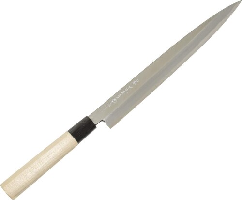 堺一文字吉國 日本製 柳刃 包丁 270mm 白二鋼 木柄 堺の包丁 サイズ:(全長)約41cm、(刃渡り)約27cm、(刃幅)約3.7cm、(持ち手厚み)約2.2cm 素材・材質:刀身=ヤスキ白鋼本霞、柄=水牛柄 お刺身をおいしく美しく仕...