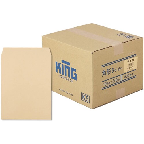 キングコーポレーション クラフト封筒 角形5号 85g 500枚入 152101 【紙質】クラフト/【紙厚】85g/m2 【サイズ】角形5号(190mm×240mm) 【折らずに入る用紙】A5・B6/【1方向に折れば入る用紙】A4・B5 【...