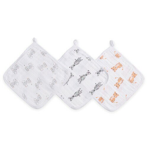 aden + anais(エイデンアンドアネイ) ガーゼタオル サファリ 3枚セット 27.5×27.5cm モスリンコットン ループ付き 出産祝い WCADAEG667B 赤ちゃんのお肌にやさしいダブルガーゼ3層構造 大きめサイズ&ループ...