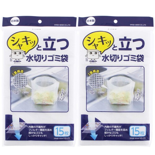 金星製紙 排水口水切りカゴ ホワイト 約26×15cm シャキと立つ水切りゴミ袋 日本製 15枚入 2個セット 本体サイズ:約26×15cm(1枚あたり)、(マチ)約9cm 素材・材質:(本体)ポリエチレン:ポリエステル(再生ペット)、(ポ...