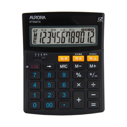 オーロラ 12桁小型電卓 黒・DT350YXB 101×28×127mm 新消費税対応 早打ち機能 サインチェンジ機能 四則定数計算 スイッチを切り替えるだけで、5%、8%、10%の税率設定が可能 ■簡単にスイッチを切り替えるだけで、5% ...