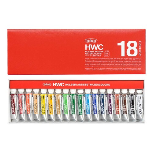 ホルベイン 透明水彩絵具 W403 5ml 18色セット 3403 水で溶いて塗ると絵具自身透明感が強いので下に描いた鉛筆やペンの線が見え、重ねて塗ると色を混ぜた効果が出る。 透明感があり、発色のよい水彩絵具です 商品コード20011383...