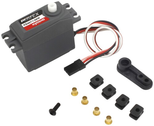 京商 サーボ KS4071-06W 82281 トルクは6kg (5V 時) を発揮し、京商製1/10 スケールのレディセットに標準装備されています。エンジンモデルに搭載する際に併用するサーボグロメットも同梱されており、エンジンの振動からサ...
