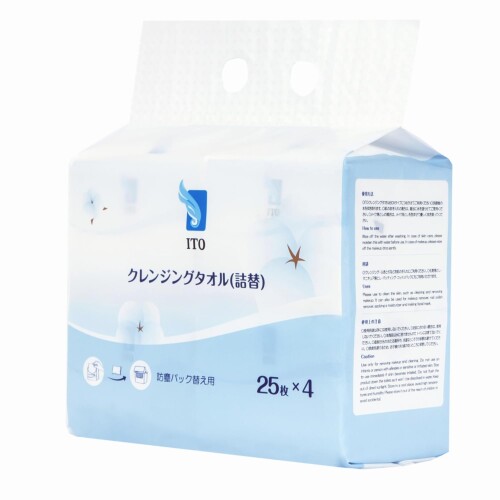 ITOクレンジングタオル BOXタイプ つめかえ用 100枚（25枚×4個） 使い切りタオル 【天然素材を使用】ITOクレンジングタオルと同じ天然素材を使用したBOXタイプの使い捨てタオルの詰替用です。 【使用方法】手拭き、メイク落とし、お...