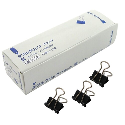 サンケーキコム ダブルクリップ 豆 DB-5-BK-100 10個入 10箱 黒 【挟み厚】コピー用紙約30枚分 【入り数】100個 【挟口サイズ】13mm 【仕様】紙箱包装 【材質】スチール、黒染め加工 クリップ本体のサイズ:2.4cm×...