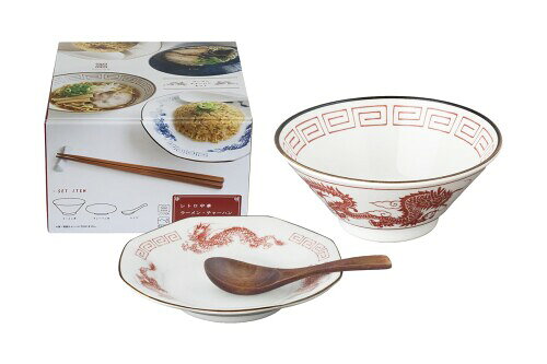 マルサン近藤 レトロ中華ラーメンチャーハン 赤 サイズ：約W20.5 D19.5 H12 04949 電子レンジ使用可(温め直しに限る)、食洗機使用可、ラーメン丼([ファイ]19.5×H8、1050ml)、チャーハン皿(W19cm×D19c...