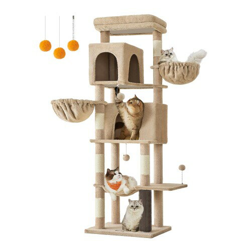FEANDREA キャットタワー 猫タワー スリム 大型猫用 多頭飼い 据え置き 登りやすい 省スペース ハンモック 見晴台 ねこハウス ボンボン 天然麻紐 高さ175cm痒み止めブラシ付き ブラウン PCT182K01 【猫の遊び場】デザ...